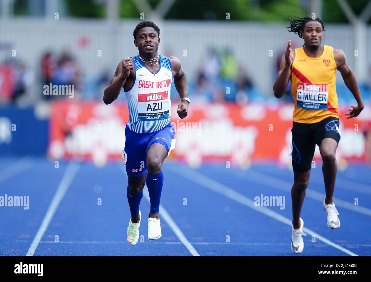 Jeremiah Azu (left) and Chad Miller in the Men's 100m Heats during day ...