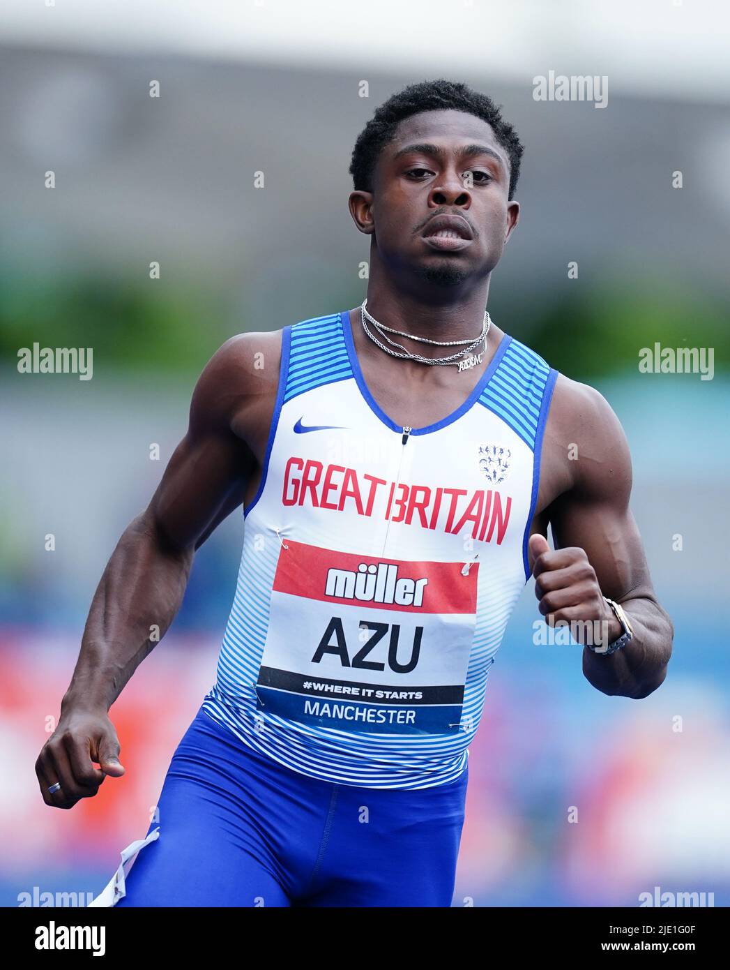 Jeremiah Azu in the Men's 100m Heats during day one of the Muller UK ...