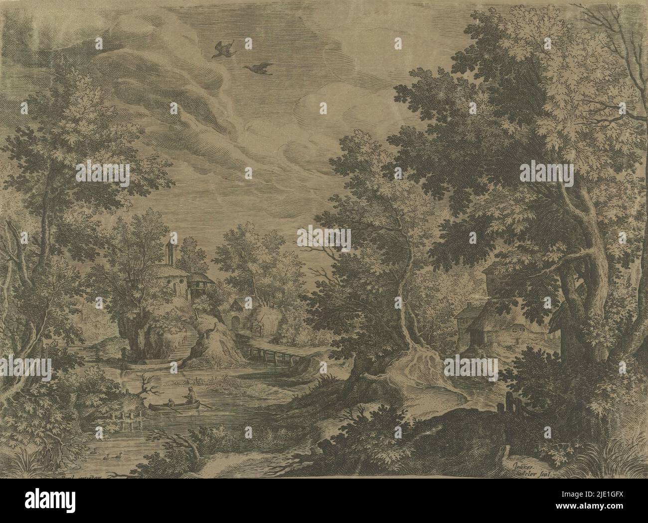 River landscape with a rowing boat, Landscape with a river on the left ...