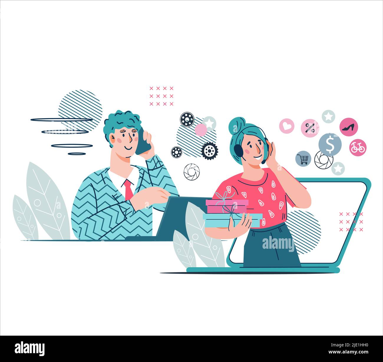 Call center telemarketing service workers with laptops. Customer ...