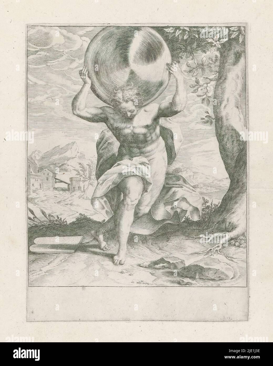 Man taking the world on his shoulders with the Tables of Law on his leg ...