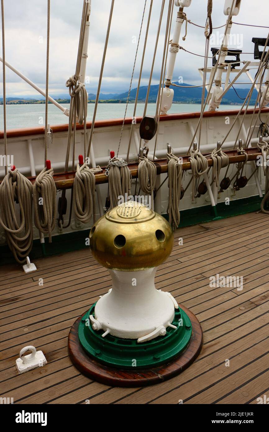 Brass rope winch on the deck of Elcano Spanish navy training ship Open ...