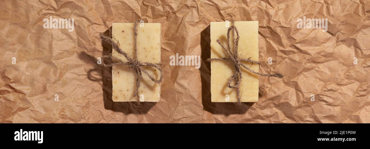Natural handmade soaps on brown crumpled, wrinkled recycle craft paper ...