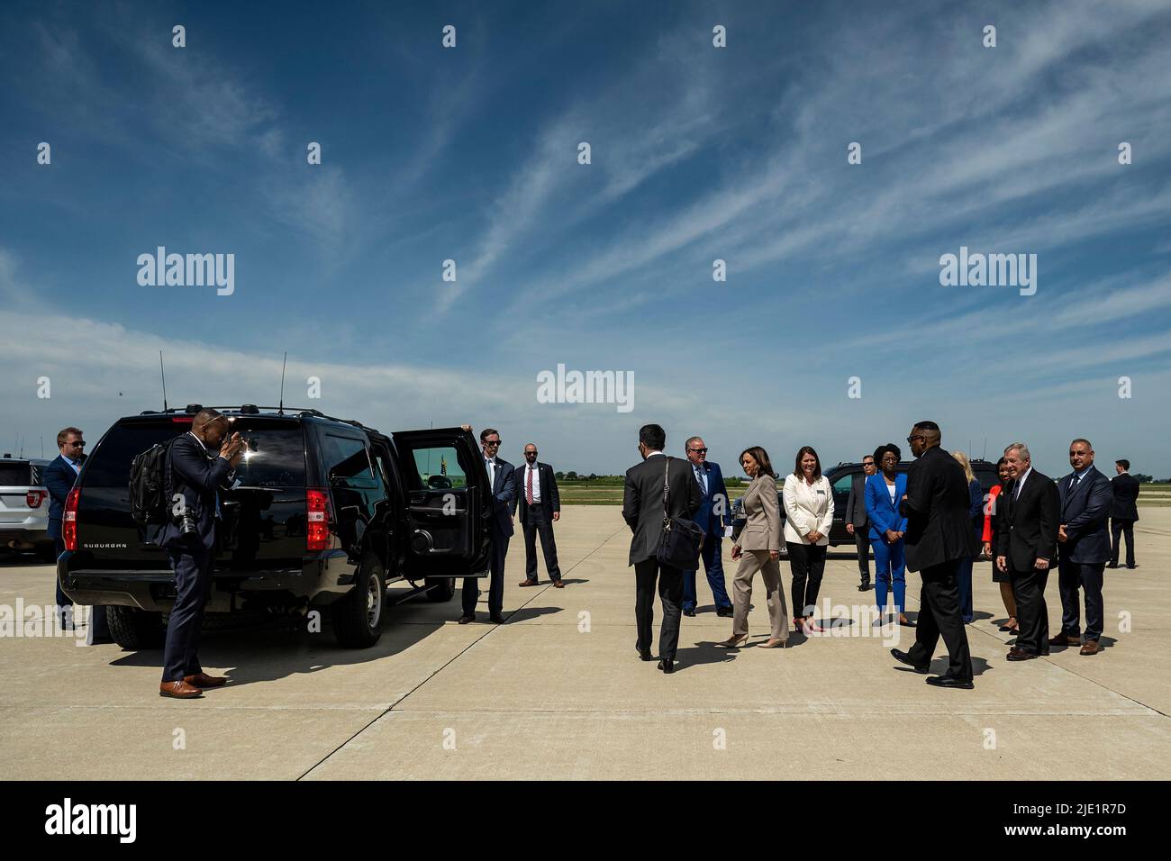 Vice President Kamala Harris disembarks from Air Force Two at the ...