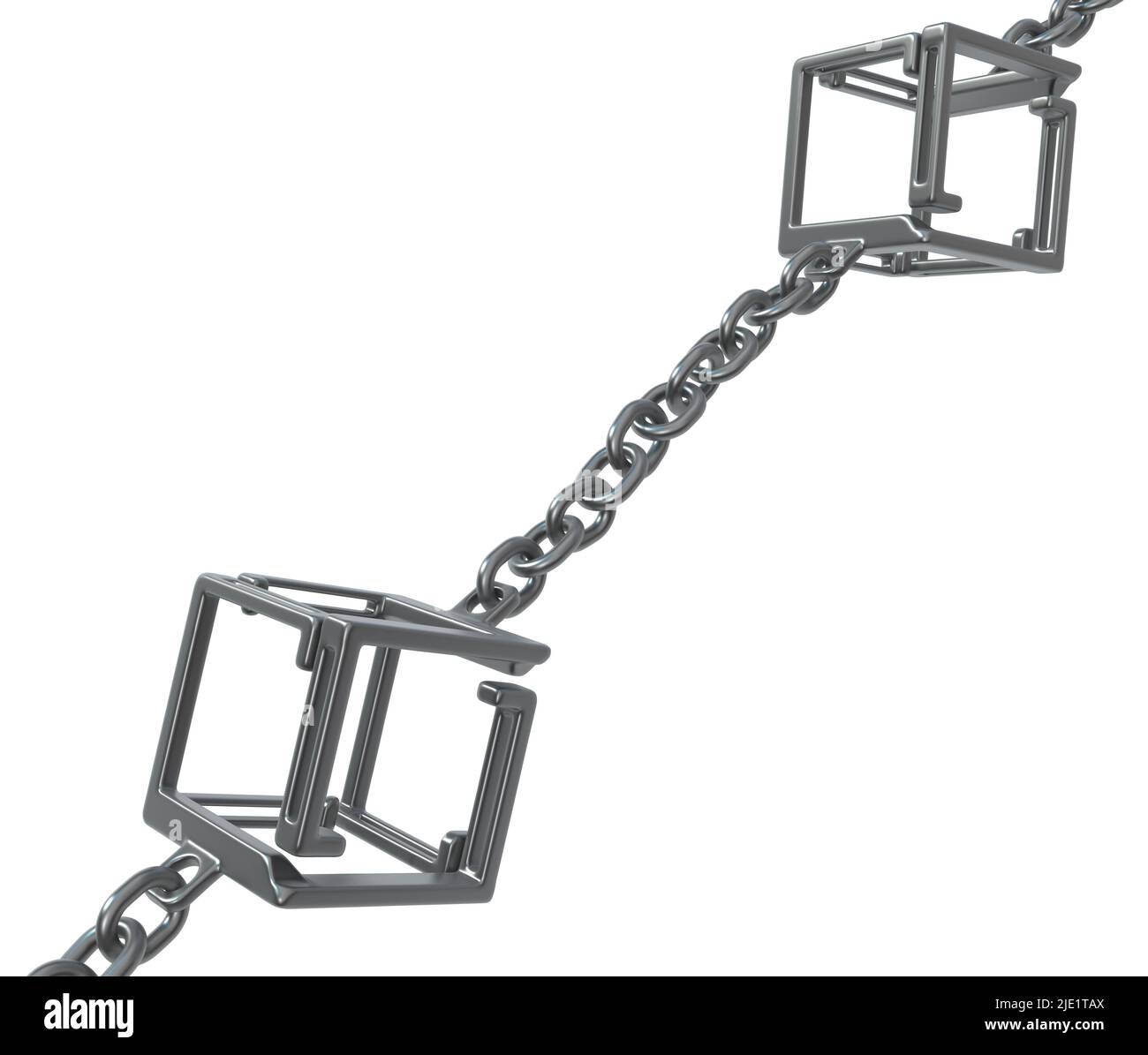 Chain two cubes link, dark grey metal 3d illustration, isolated ...