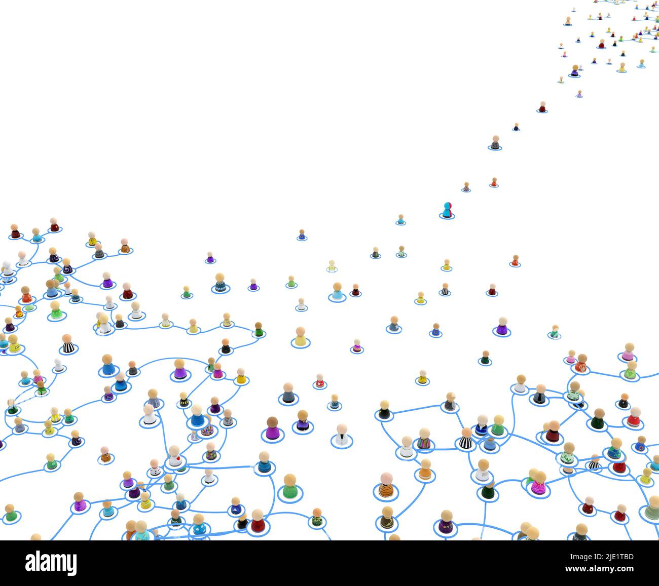 Crowd of small symbolic 3d figures linked by lines, complex layered ...