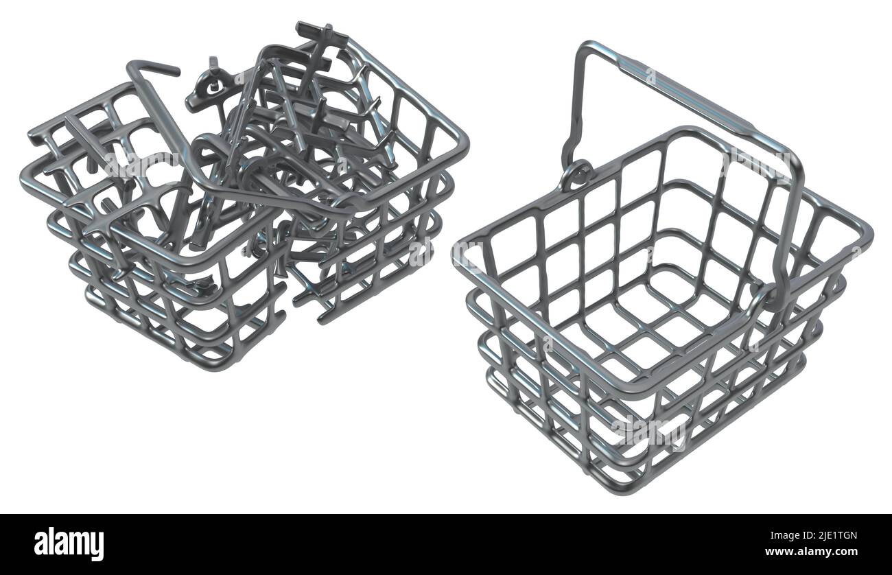 Shopping basket metal broken collapsed, 3d illustration, horizontal ...