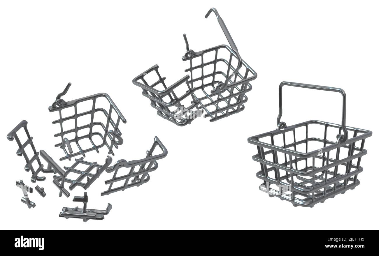 Shopping basket metal breaking stages, 3d illustration, horizontal ...