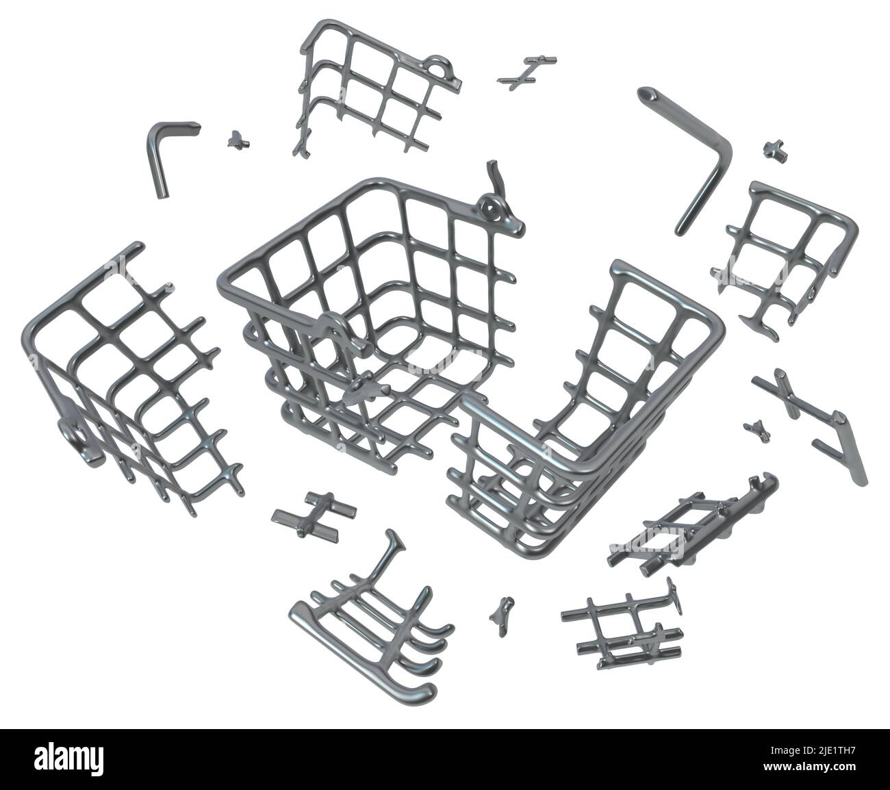 Shopping basket metal breaking, 3d illustration, horizontal, isolated ...
