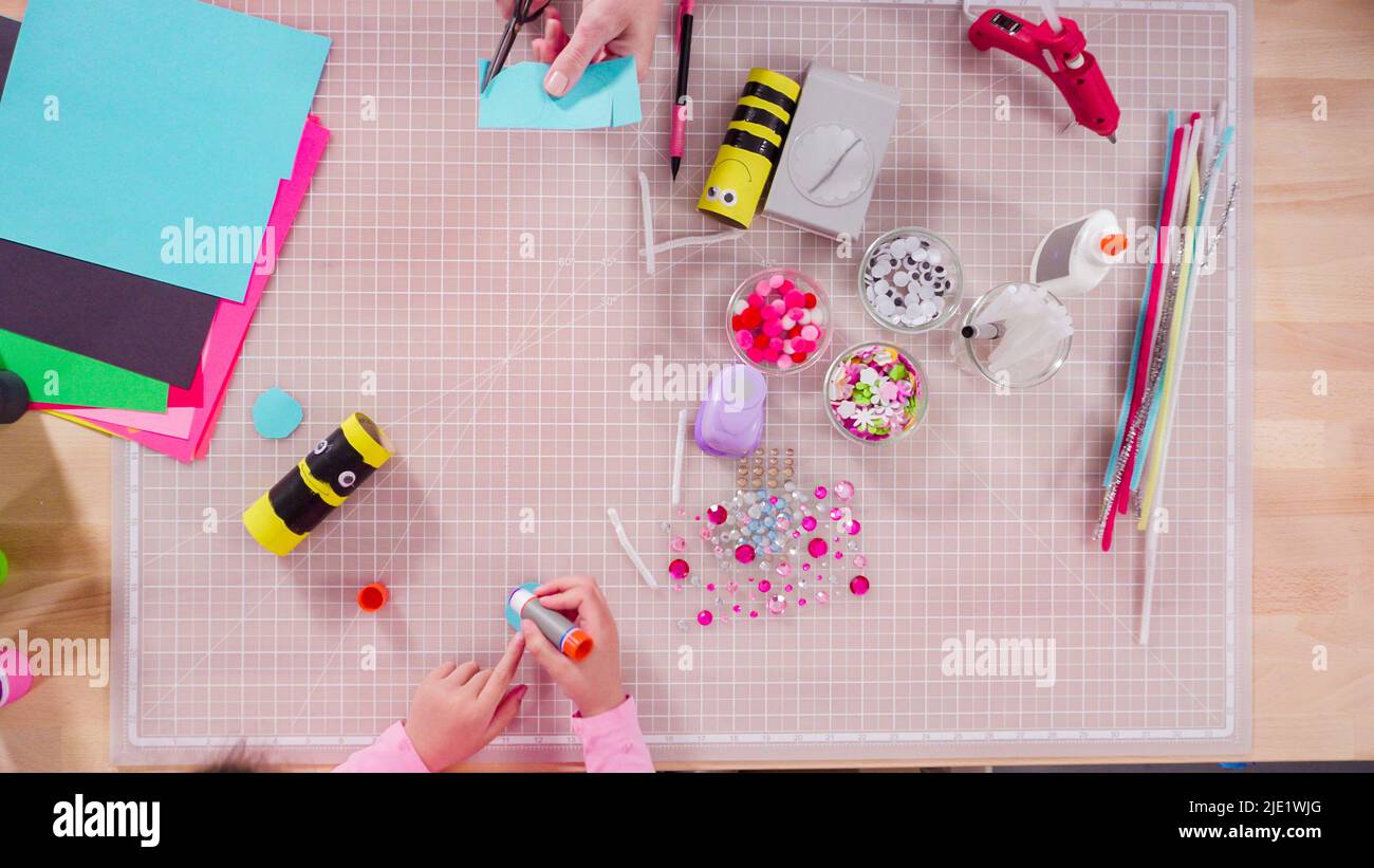 Flat lay. Kids papercraft. Making paper bugs out of the empty toilet ...