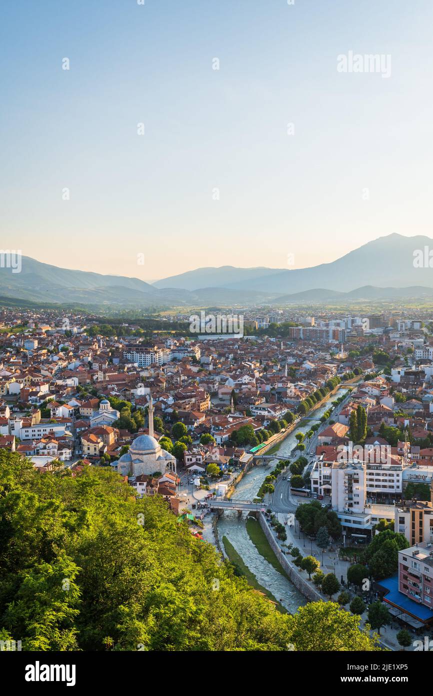 Prizren cityscape from the fortress at sunset in Kosovo. Prizren ...