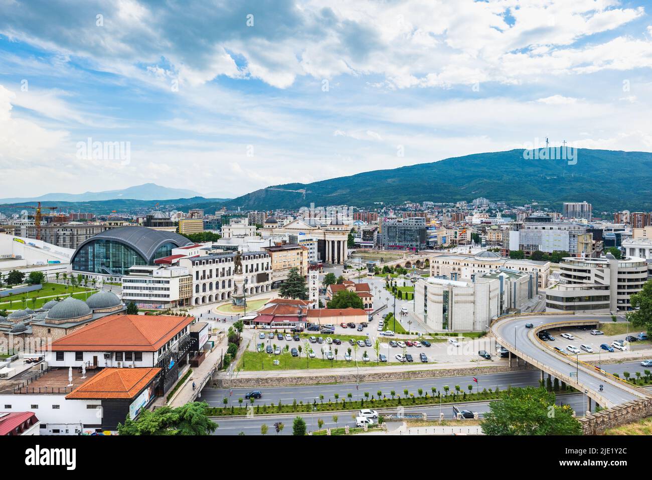 Skopje cityscape, the capital of North Macedonia, Europe. Skopje aerial ...