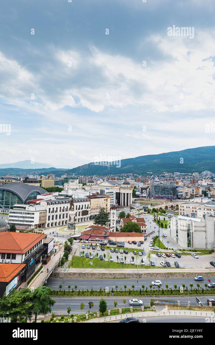 Skopje cityscape, the capital of North Macedonia, Europe. Skopje aerial ...