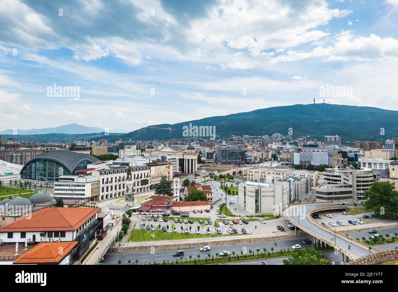Skopje cityscape, the capital of North Macedonia, Europe. Skopje aerial ...