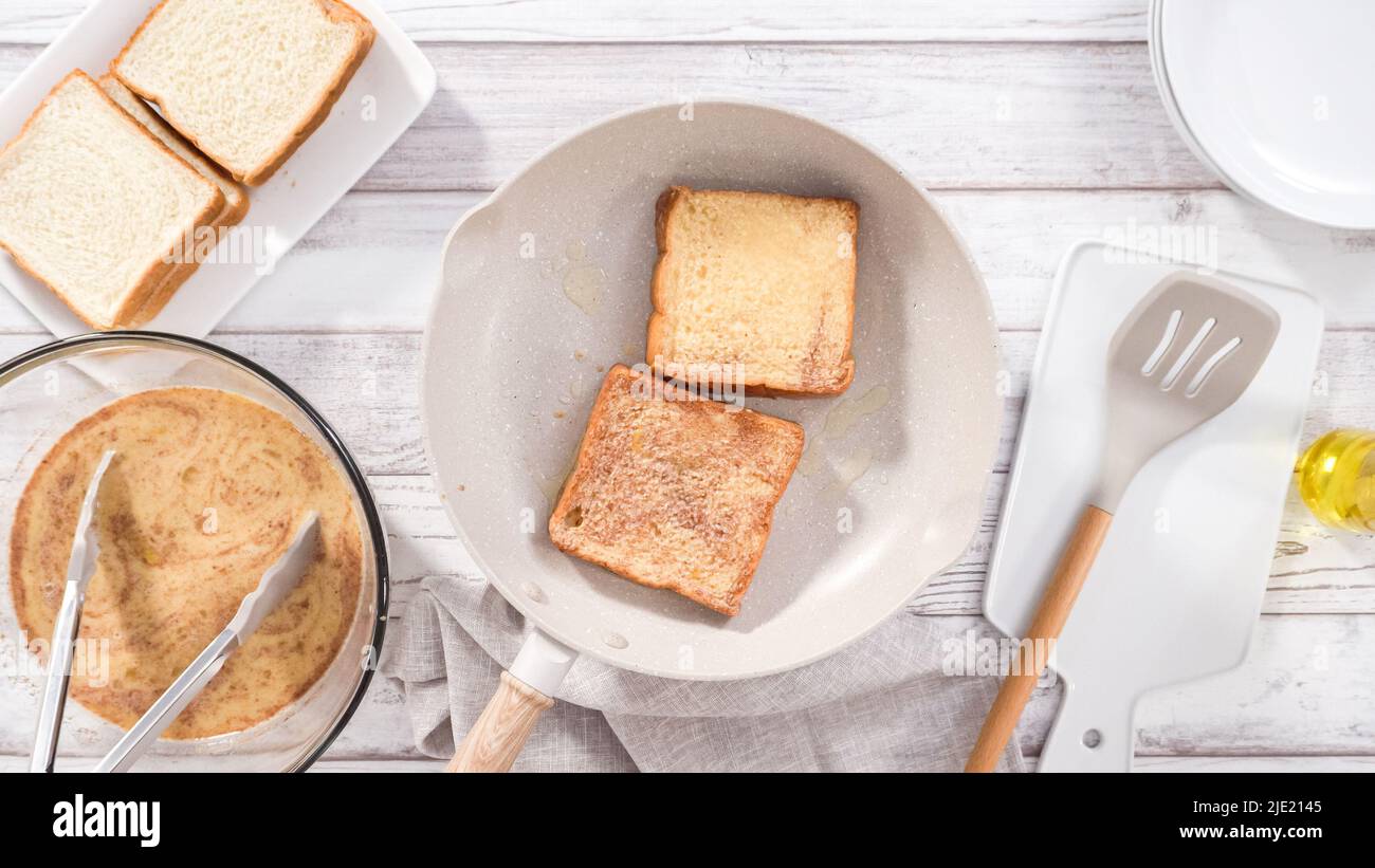 Step by step. Frying french toast in a nonstick frying pan Stock Photo ...