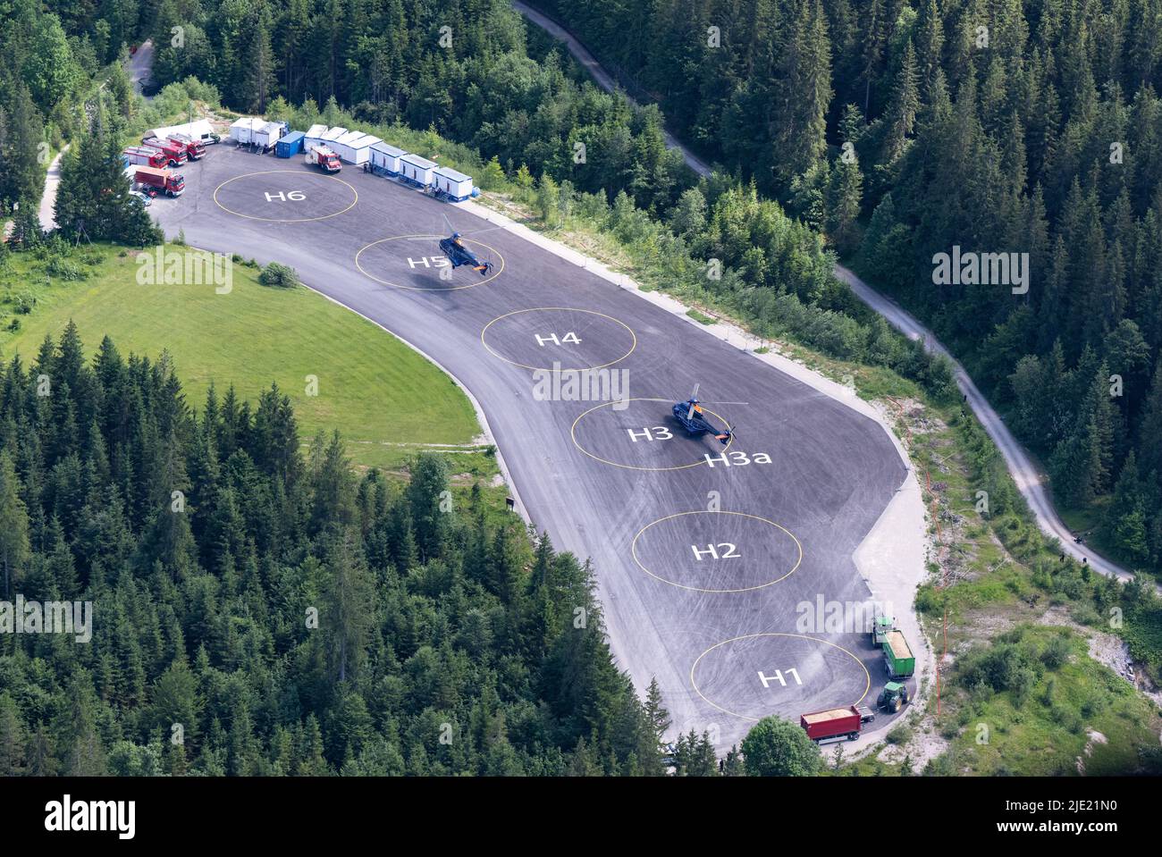 23 June 2022, Bavaria, Elmau: A helipad near Schloss Elmau photographed ...