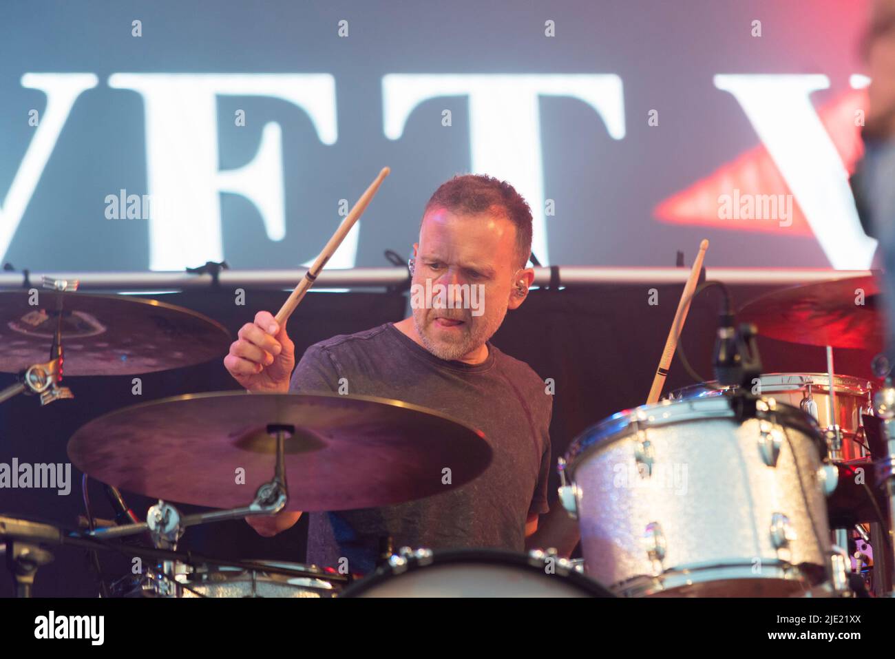 Drummer of Wet Wet Wet band performing at the Fantasia pop festival in ...