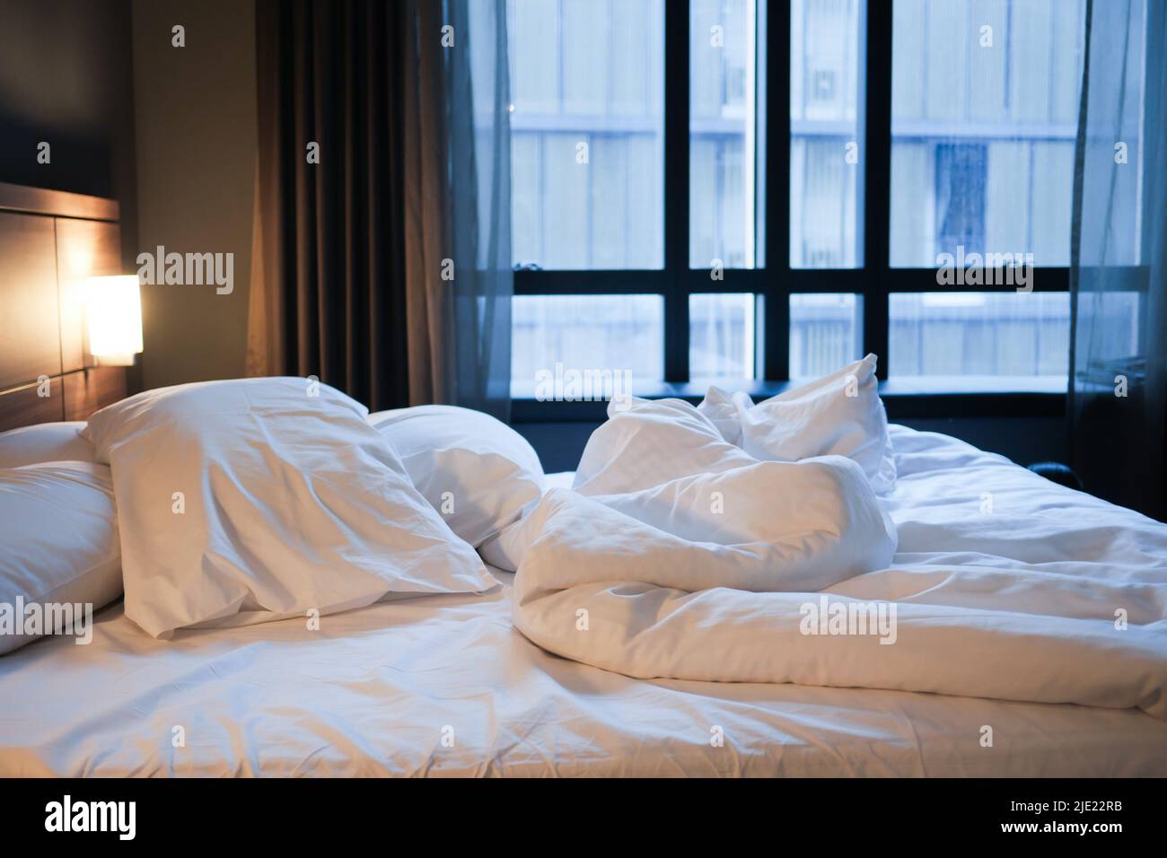 messy bed in early morning , messy bed after waking up Stock Photo - Alamy