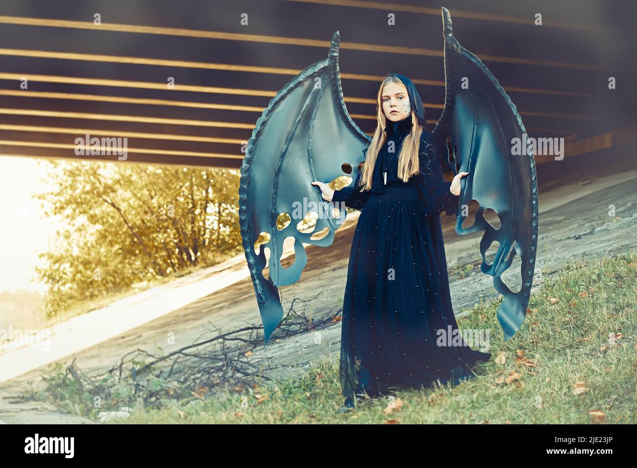 portrait of a little girl with bat wings. halloween concept Stock Photo ...
