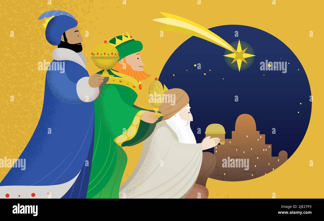 Epiphany celebration flat vector illustration. The Three Wise Men, or ...