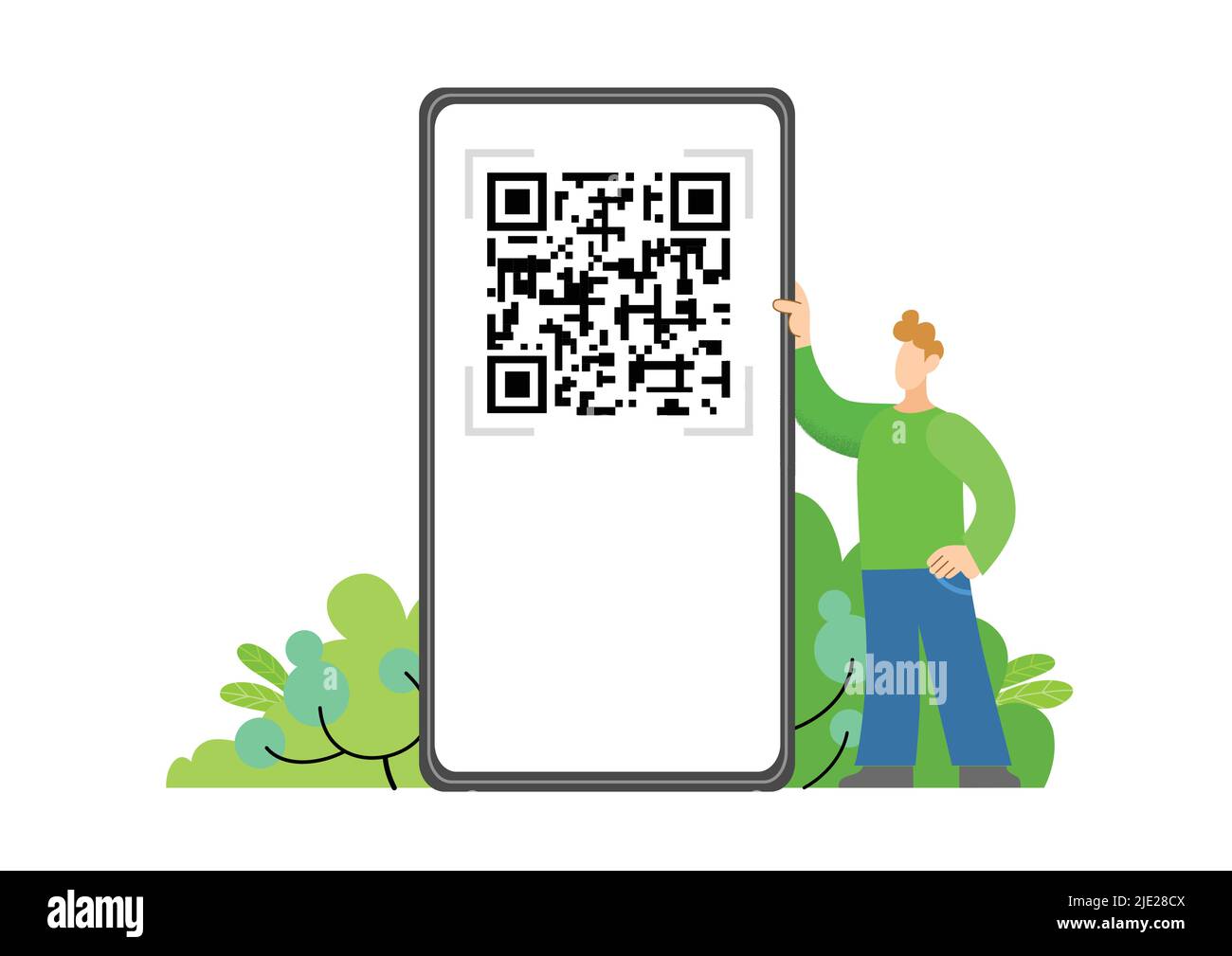 Character young man holding smartphone with qr code on screen. Concept ...