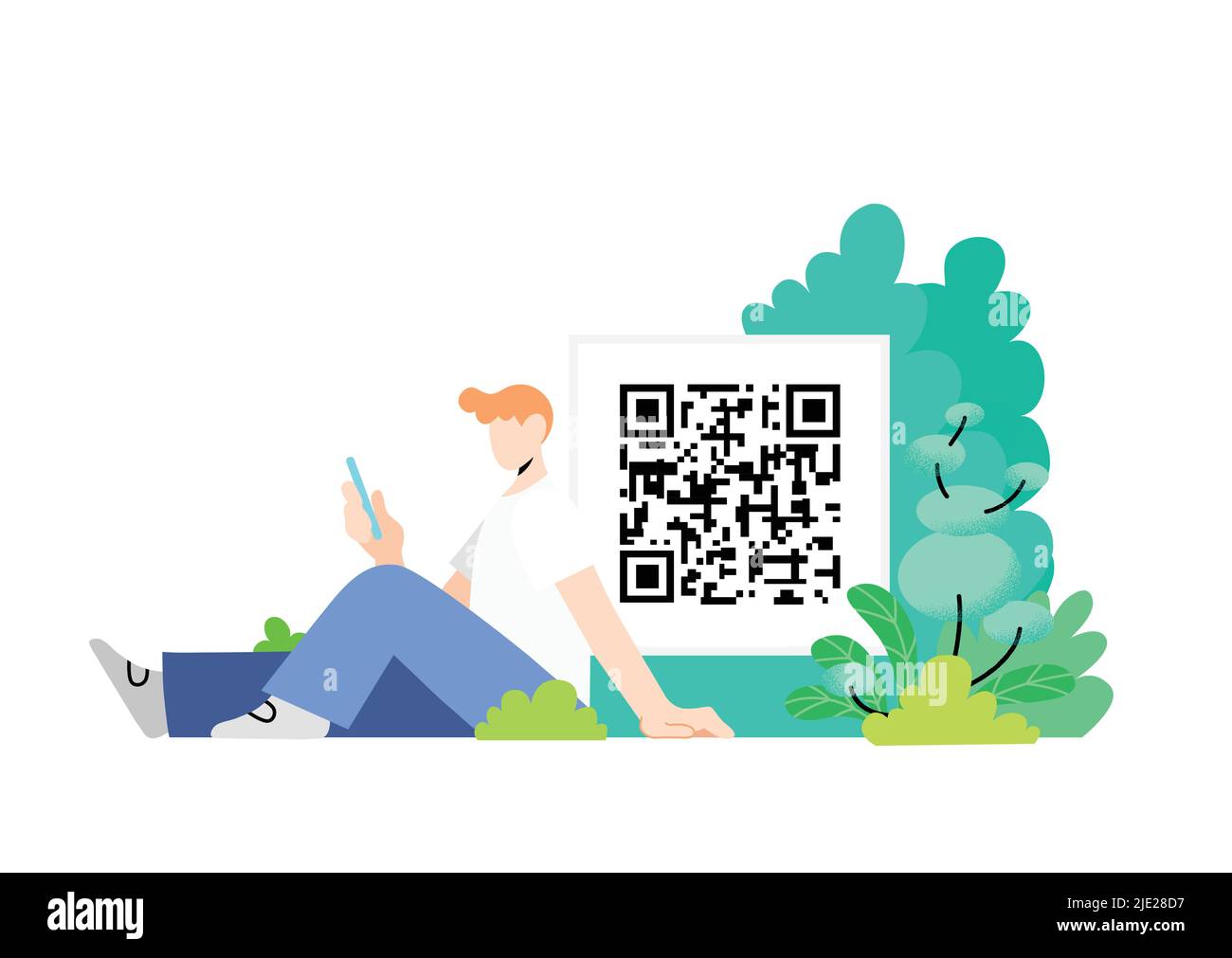 Sitting young man holding smartphone with qr code in background ...