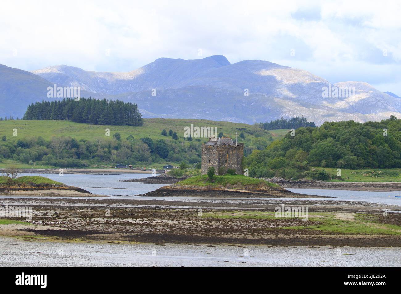 Castle Stalker set on a tidal islet on Loch Laich, an inlet off Loch ...