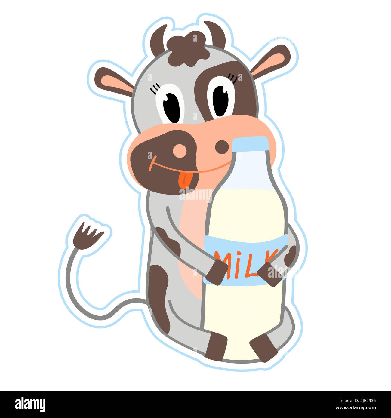 Sticker of a cute cow holding a bottle of milk. Cartoon flat vector ...
