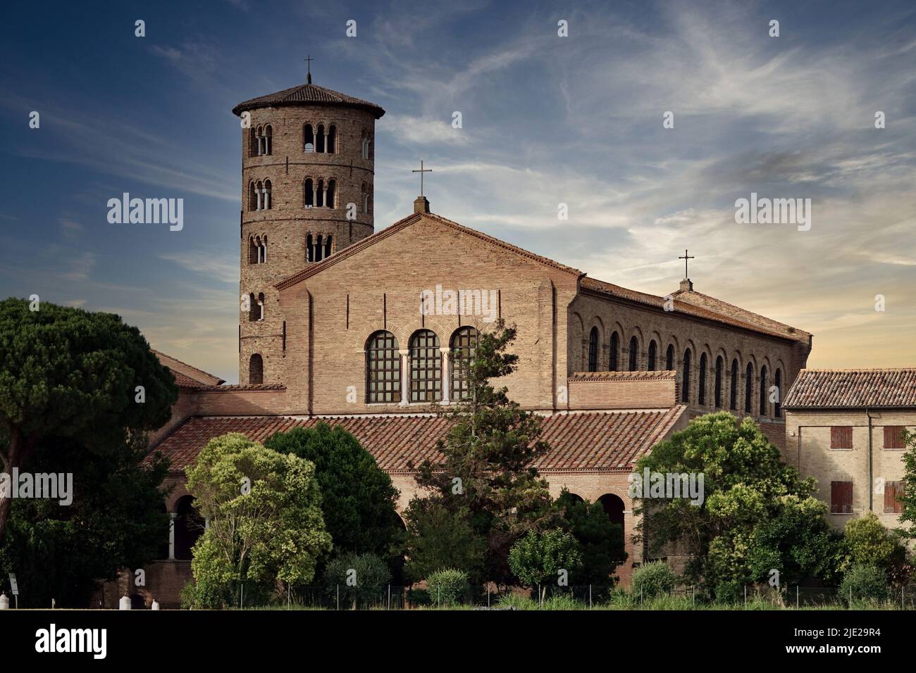 View of the basilica of Sant'Apollinare in Classe at sunset. Classe ...