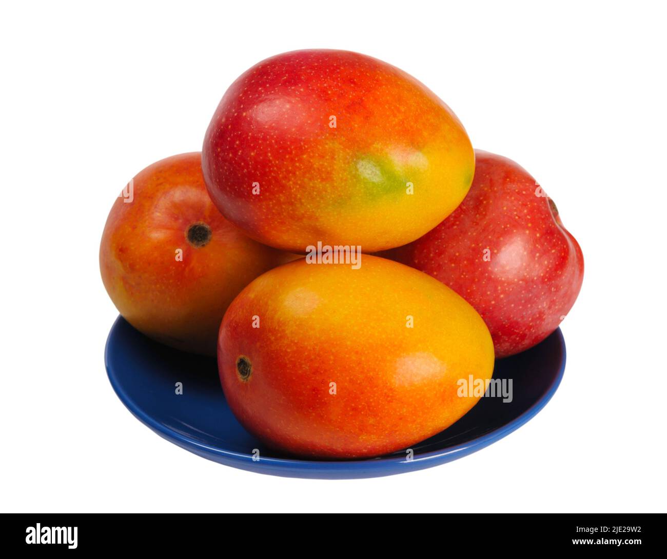 Red ripe sweet juicy delicious mango on a blue plate, isolated on white ...