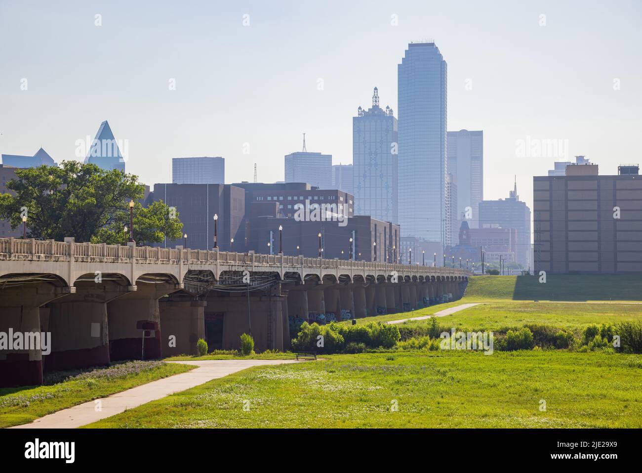 Sunny view of the Dallas skyline from Trinity Overlook Park at Texas ...