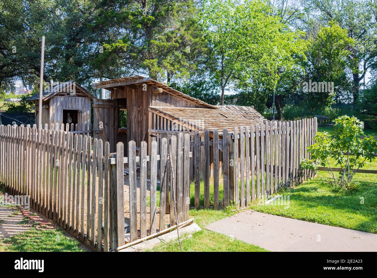 Sunny view of historical building in Old City Park at Dallas, Texas ...