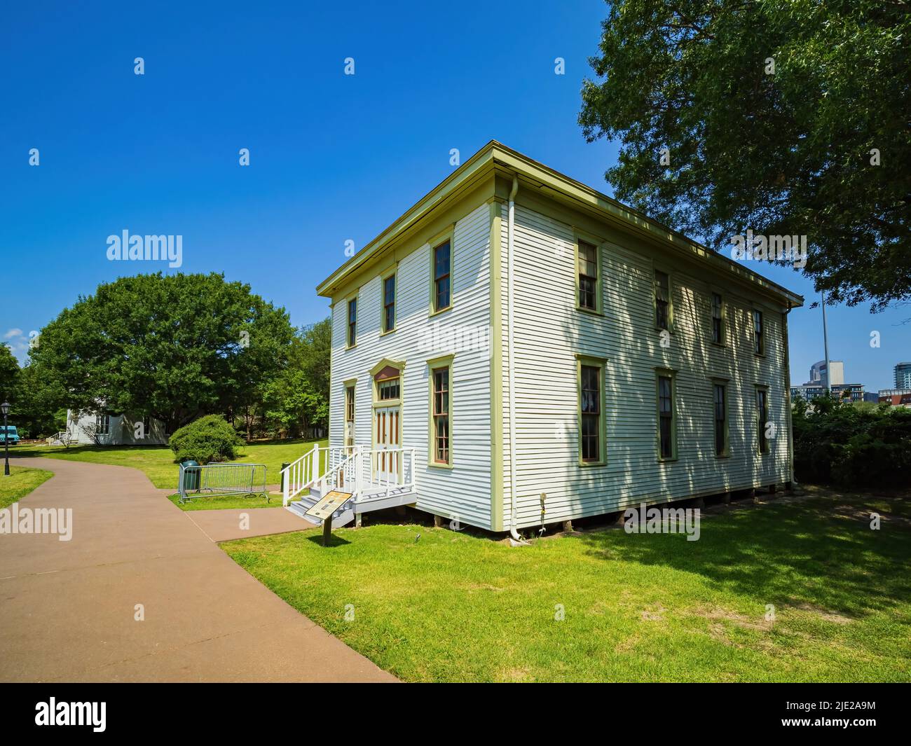 Sunny view of historical Renner School building in Old City Park at ...