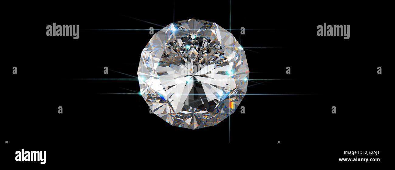 3D rendering illustration.Round cut diamond on black dark glossy ...