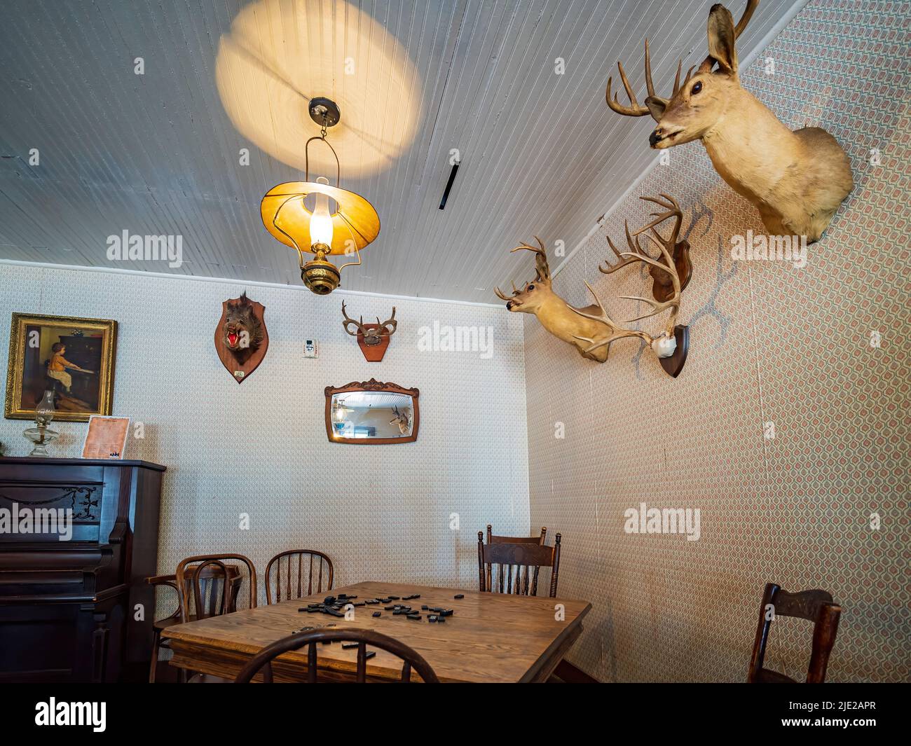 Texas, JUN 19 2022 - Interior view of historical Alamo Saloon building ...