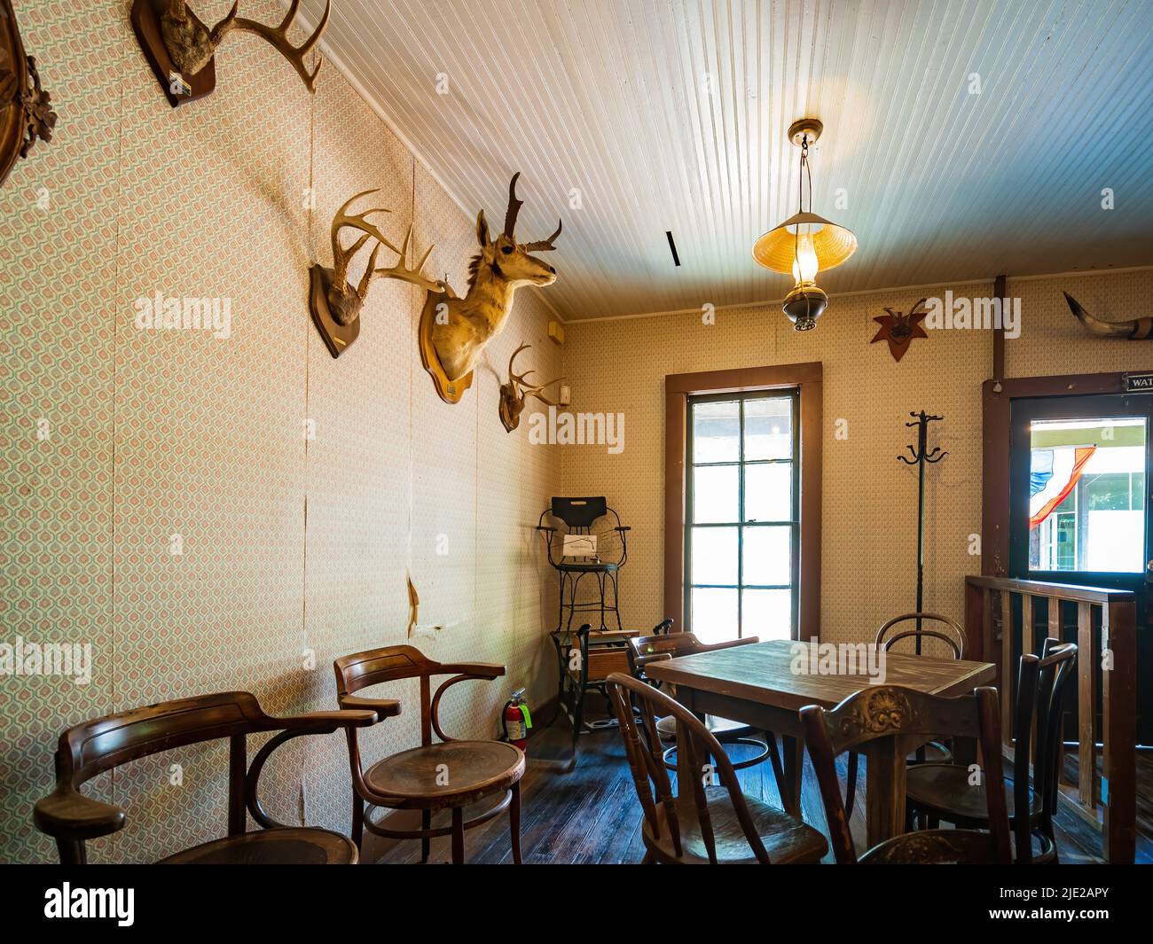 Texas, JUN 19 2022 - Interior view of historical Alamo Saloon building ...