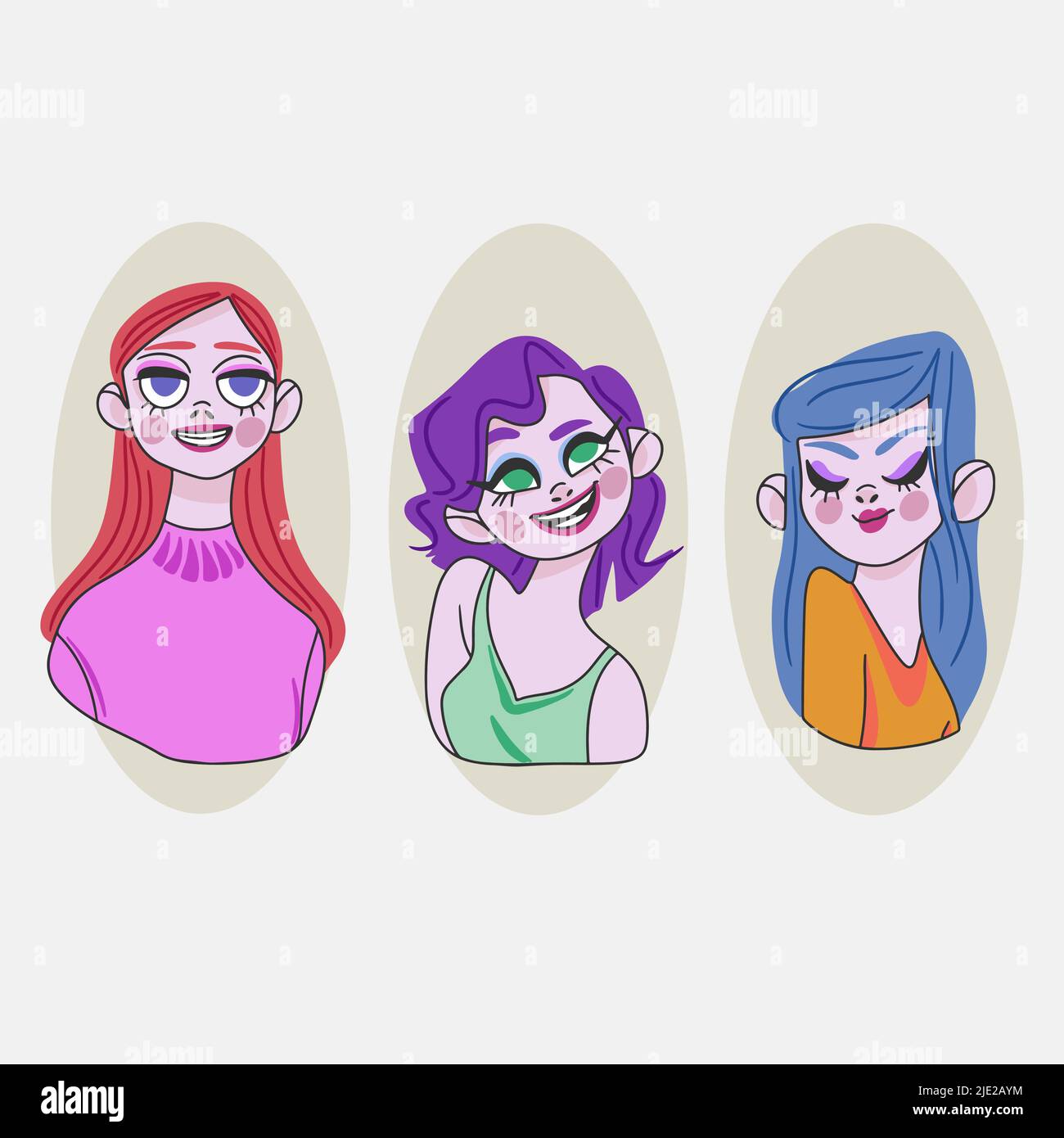 Set of cute cartoon avatars, girls, group of people, colorful hair ...