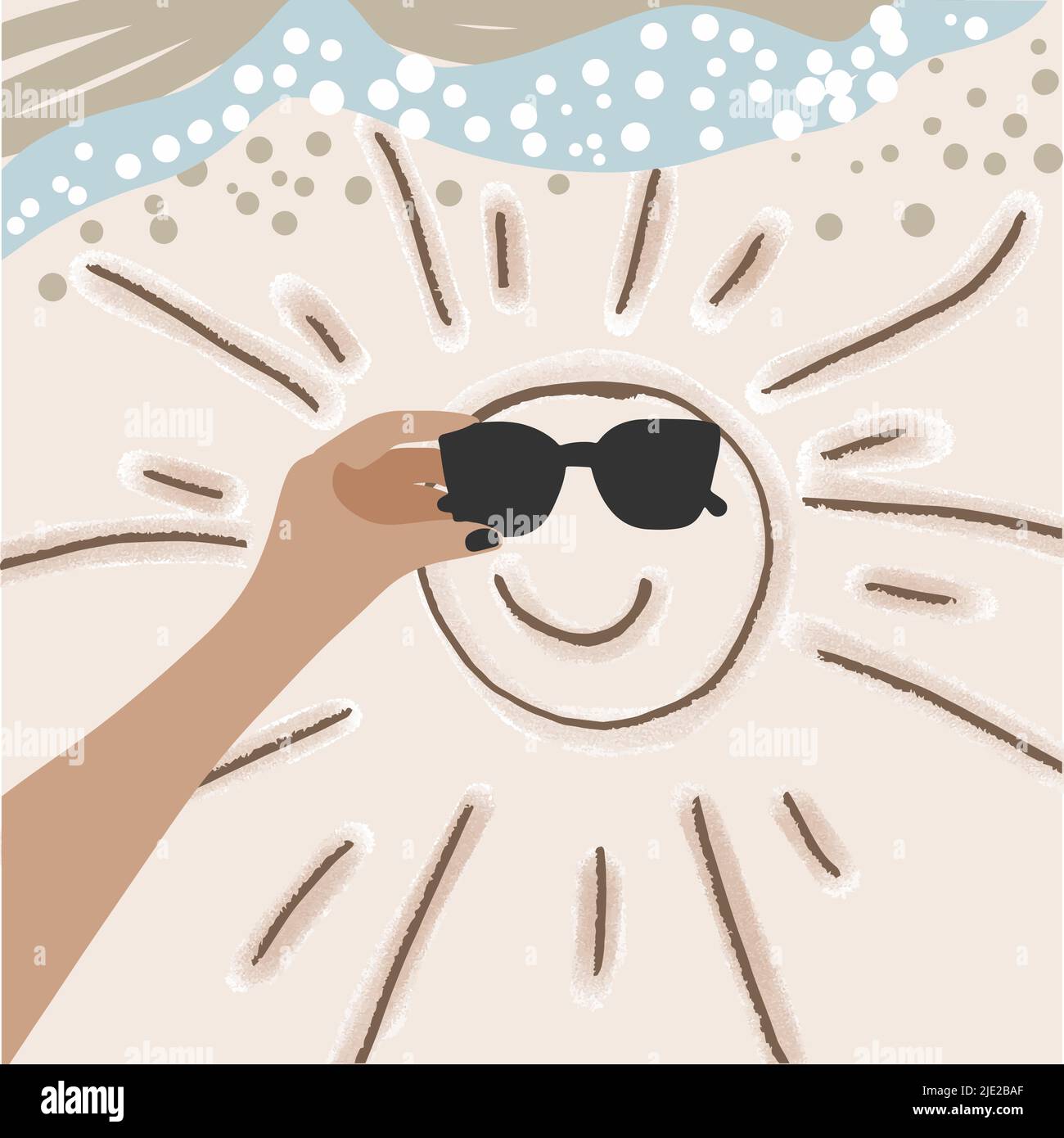 Summer vector illustration, beach, sea, drawn sun on sand, emoticon ...
