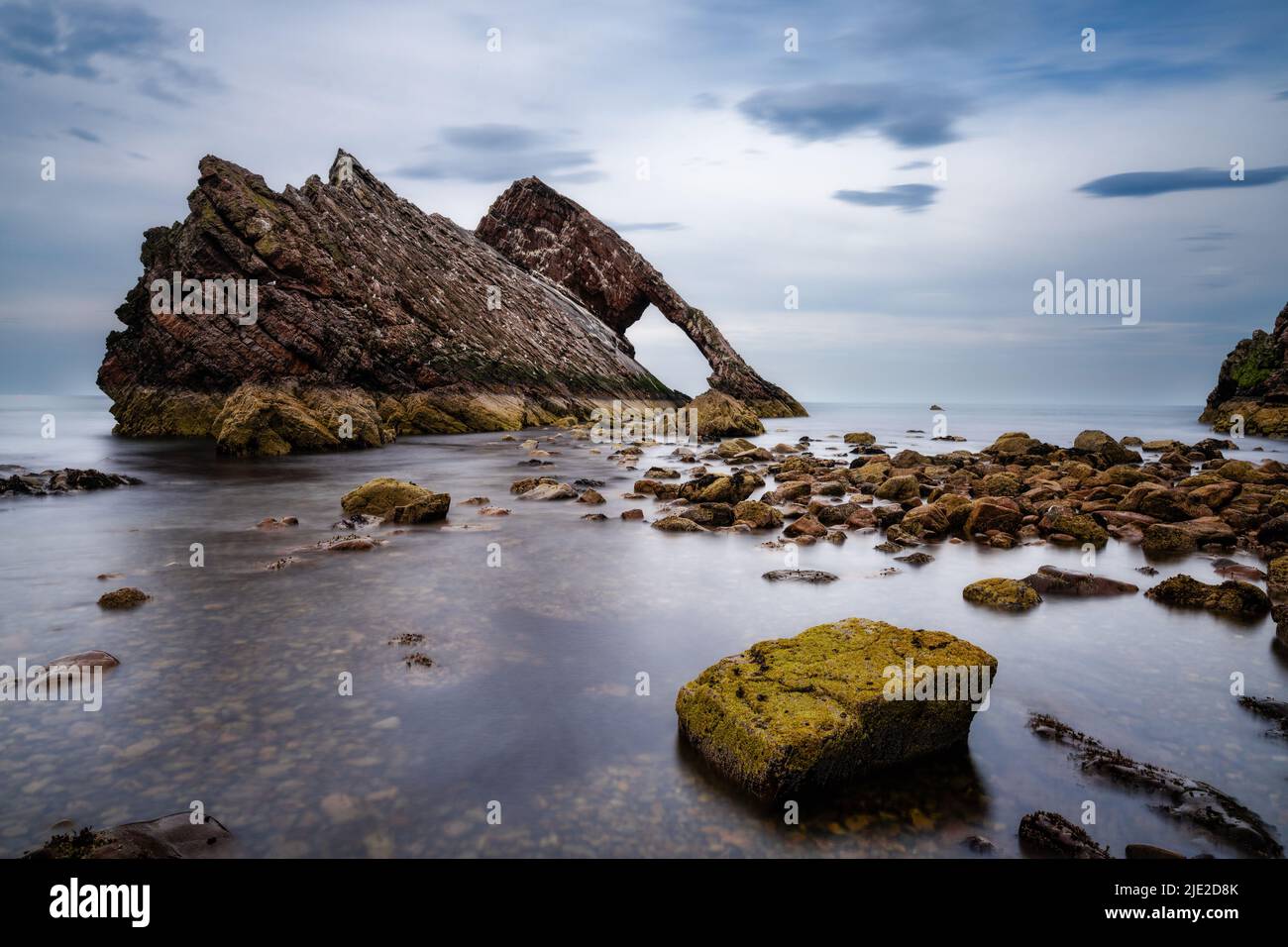 A view of the landmark Bow Fiddle Rock near Portknockie on the coast of ...