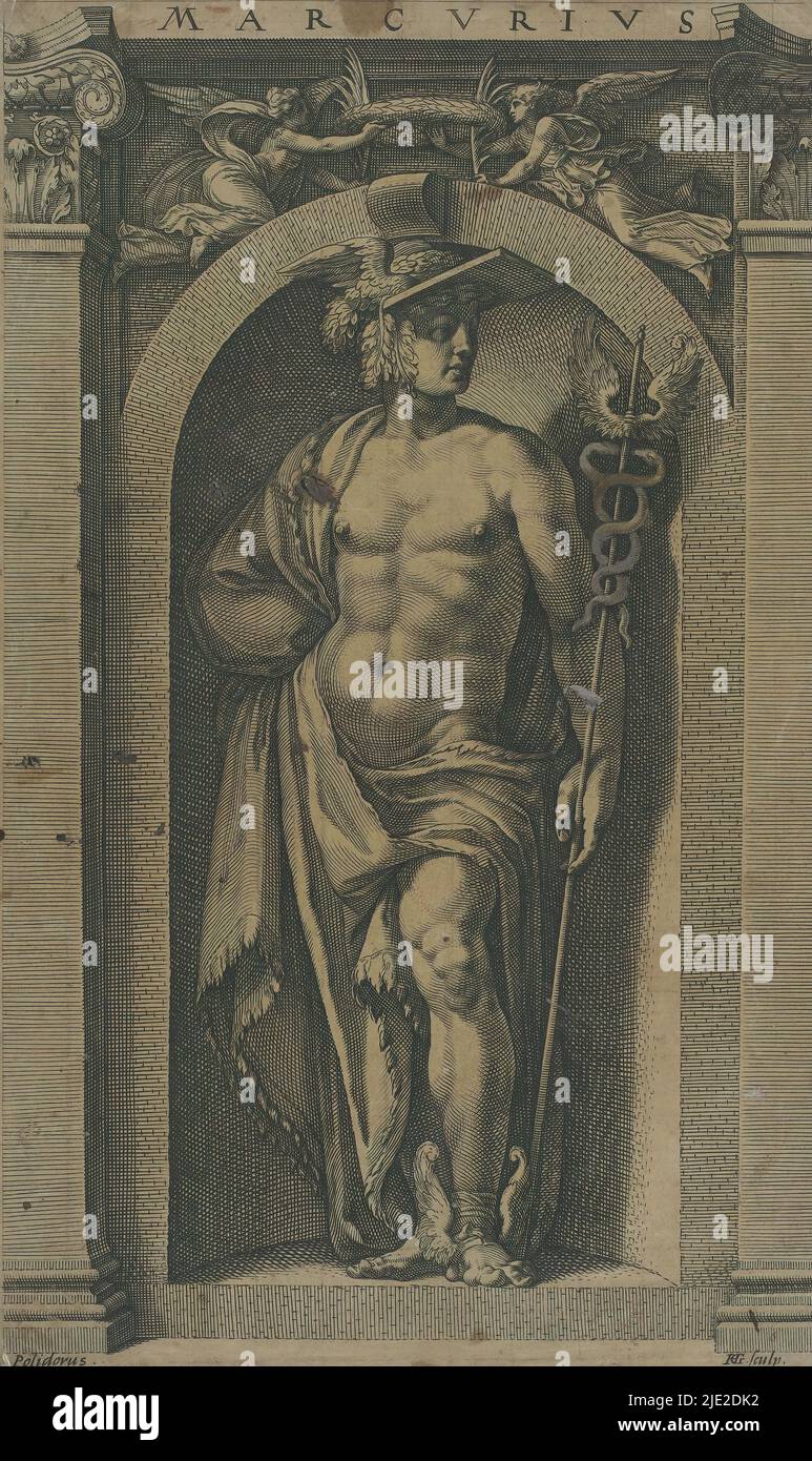 Mercury, Marcurius (title on object), Mercury, standing in a niche, a ...