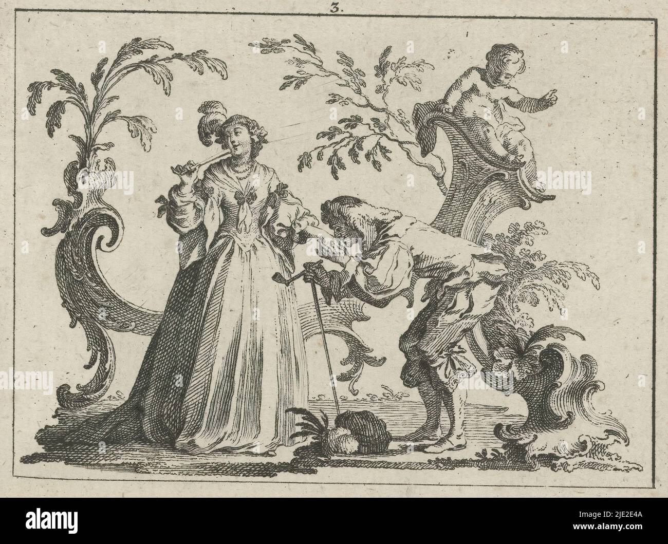Pipe-smoking man with stick giving a woman a hand kiss on a rococo ...