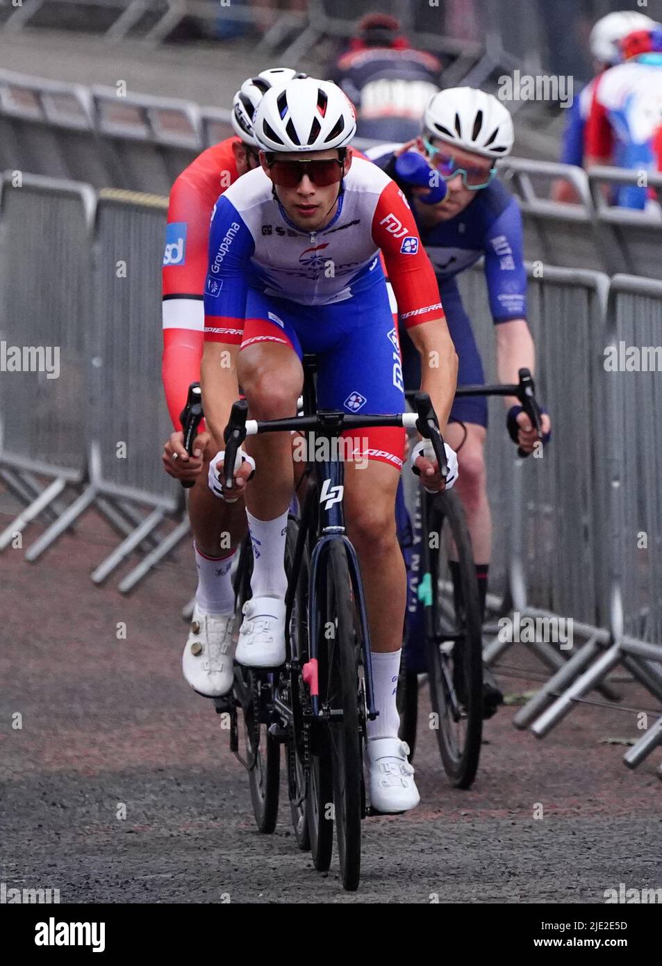 Groupama-FDJÕs Samuel Watson leads during the MenÕs Circuit Race during ...