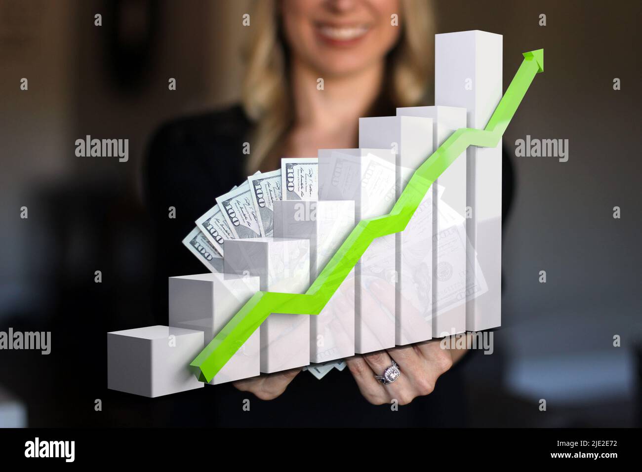 Economy chart: rising arrow, woman with dollars and Stock Exchange ...