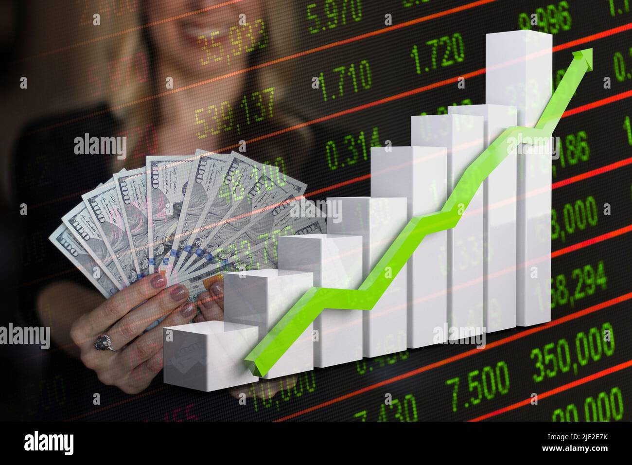 Economy chart: rising arrow, woman with dollars and Stock Exchange ...
