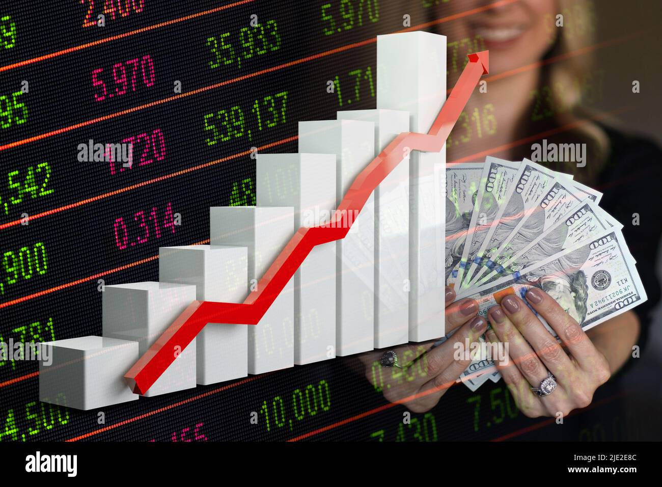 Economy chart: rising arrow, woman with dollars and Stock Exchange ...