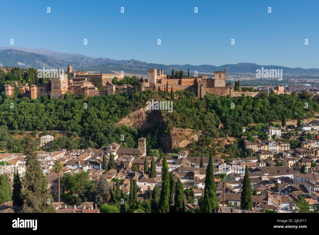 Albaicin downtown and Alhambra under clear blue sky Stock Photo - Alamy