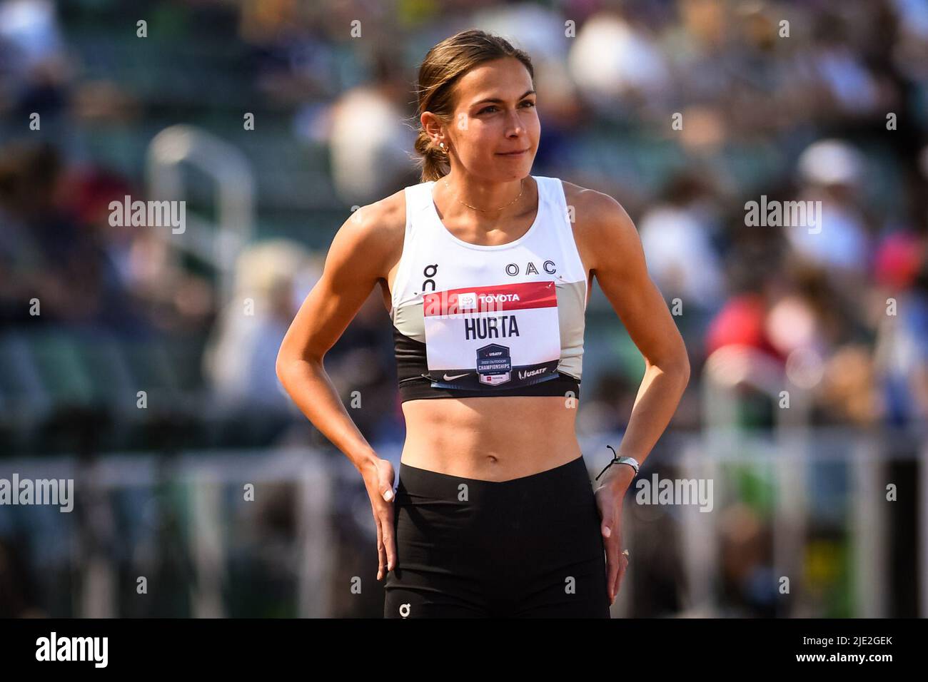 Eugene, United States. 23rd June, 2022. Sage Hurta awaits the start of ...