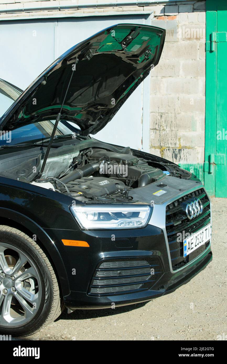 AUDI Q3 in black. Subcompact luxury crossover Audi Q3. Close-up of the ...