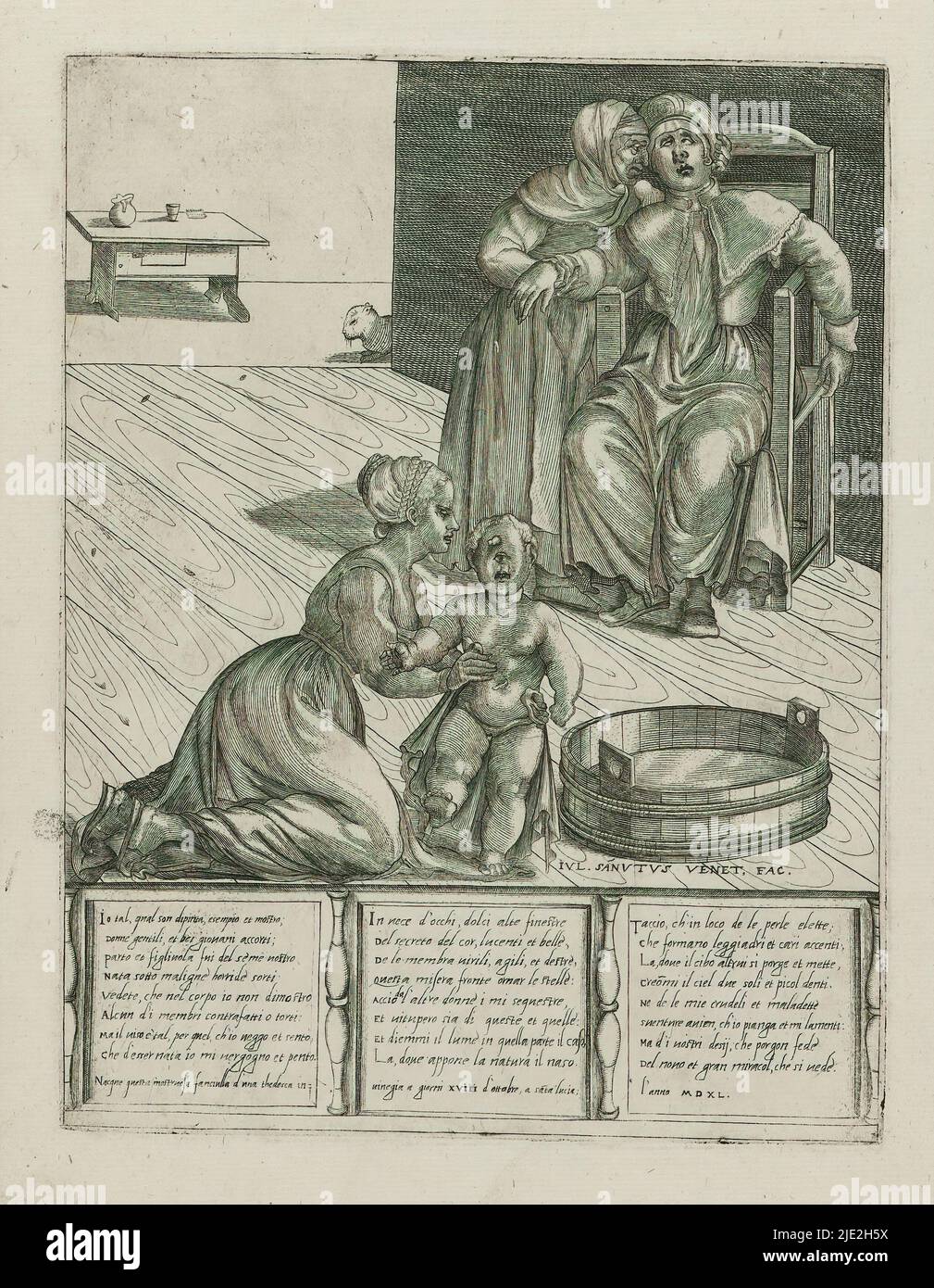 Birth of a deformed child, In the foreground, the newborn child with ...