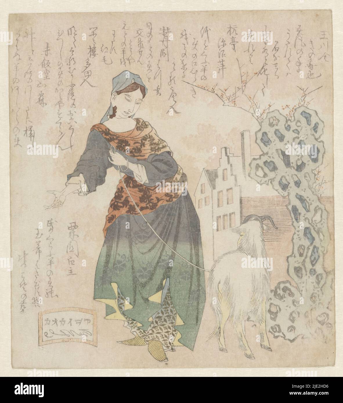 European woman with goat, European woman with goat on a string, next to ...